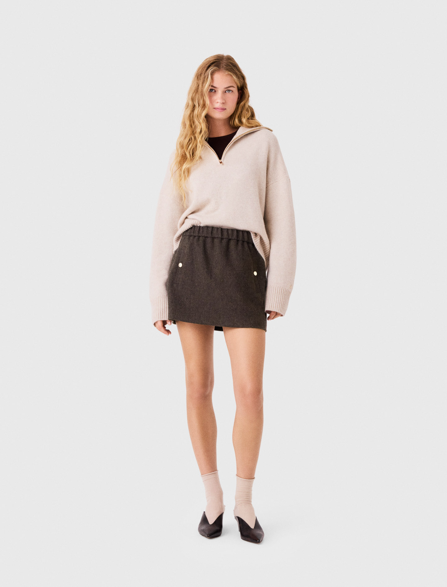 MAJE Maje Short Wool Blend Skirt with Gold Button Detail